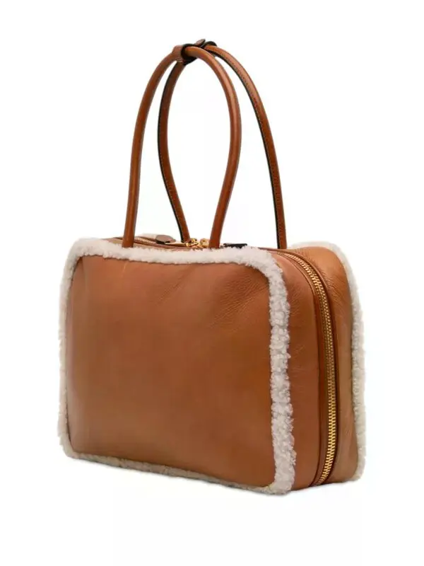 Miu Miu Shearling Trimmed Calfskin Logo Shoulder Bag - Brown