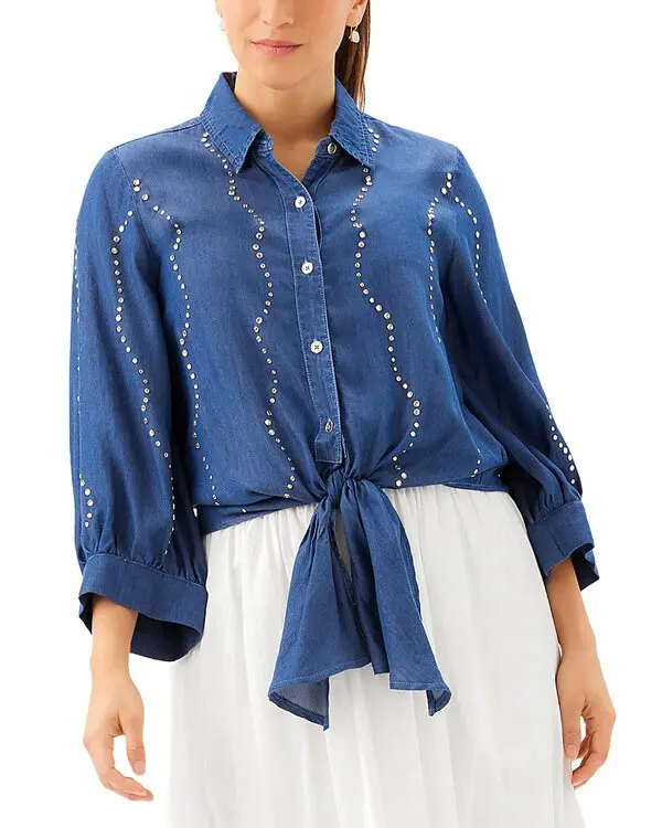 Karen Kane Blouson Sleeve Embellished Denim Shirt