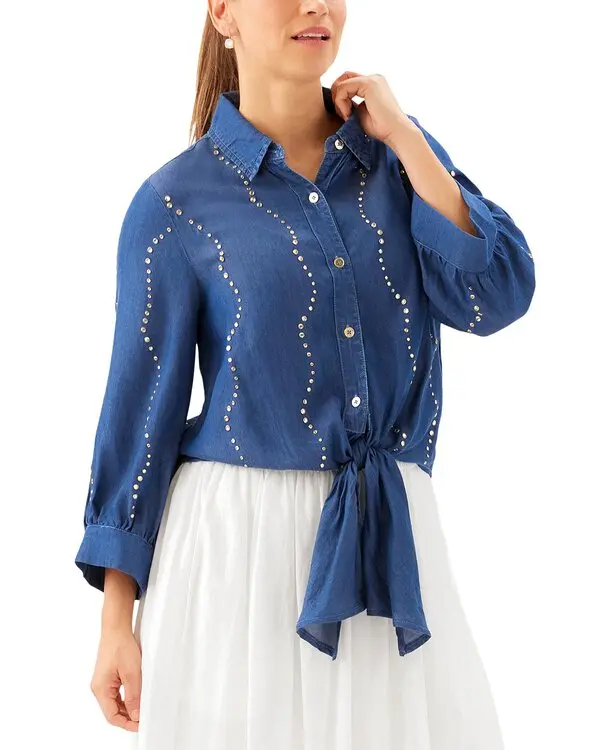 Karen Kane Blouson Sleeve Embellished Denim Shirt