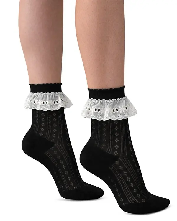 HIGH HEEL JUNGLE Bobby Lace Frill Trim Bobby Socks - Black