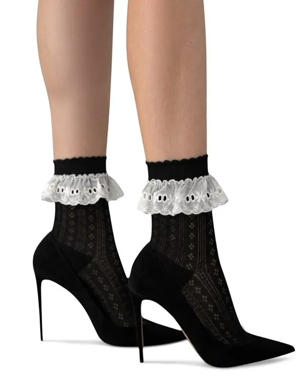 HIGH HEEL JUNGLE Bobby Lace Frill Trim Bobby Socks - Black