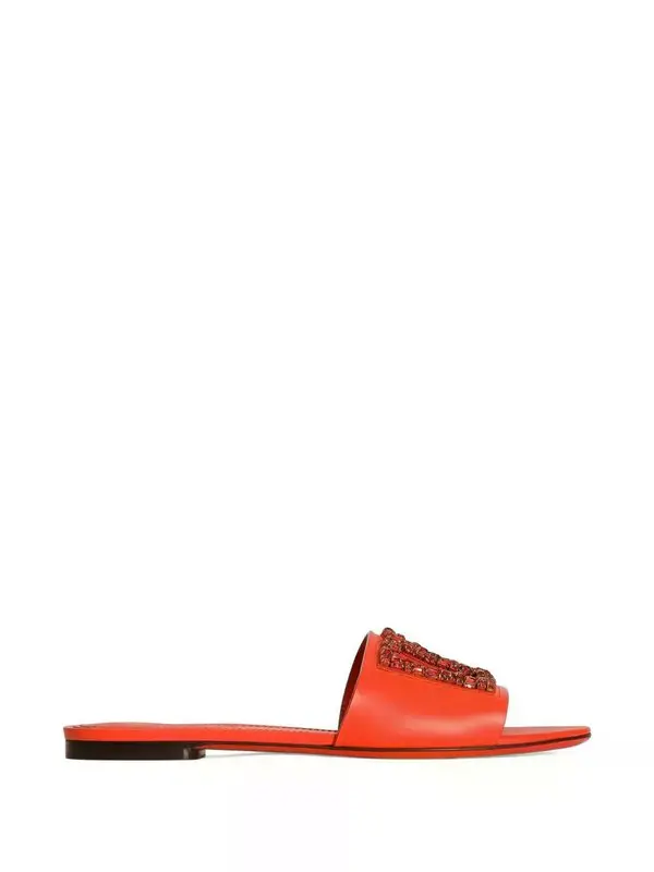 Dolce & Gabbana Embroidered Calfskin Flat Slides - Orange