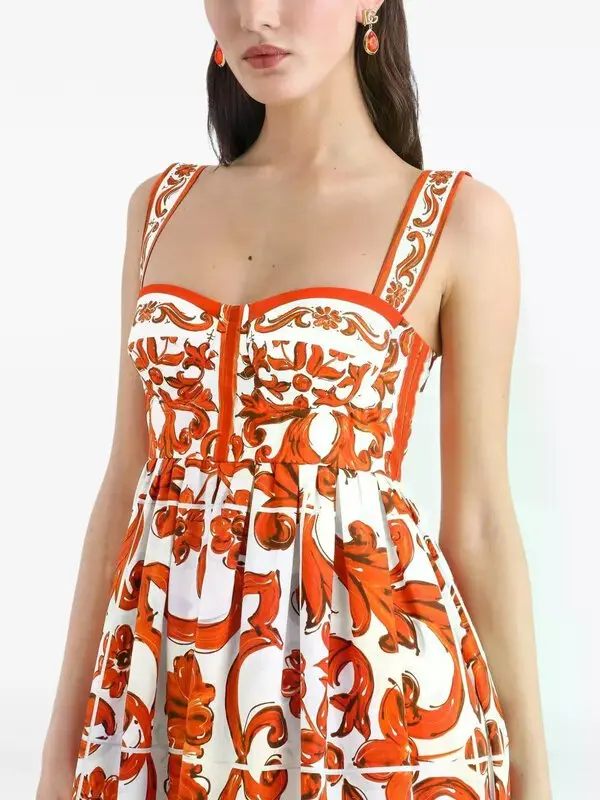 Dolce & Gabbana Majolica Print Cotton Poplin Bustier Dress - White