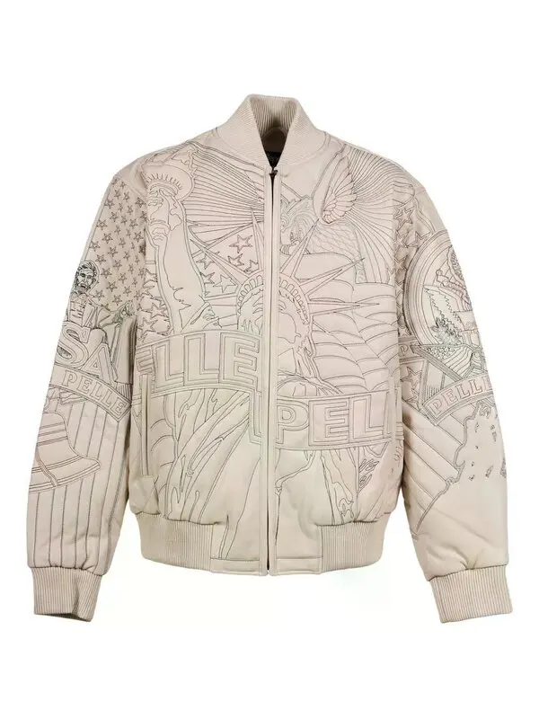 PELLE PELLE Ivory Leather Jacket With Embroidery And Ribbed Trim