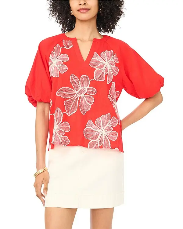 Vince Camuto Embroidered Split Neck Top - Lobster Red