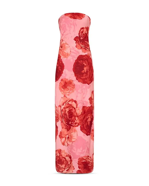 MILLY Vera Satin Floral Print Strapless Gown