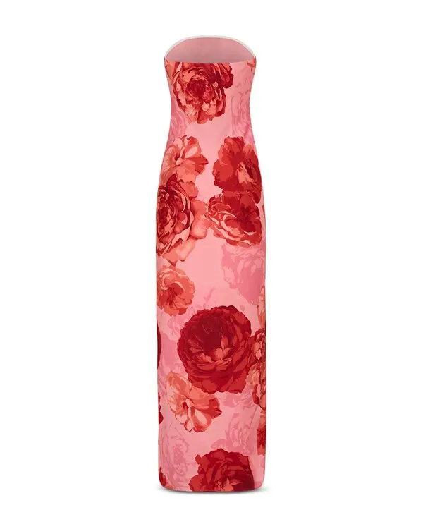 MILLY Vera Satin Floral Print Strapless Gown