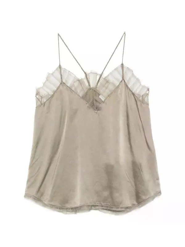 IRO PARIS Sage Satin Lace Trim V-neck Spaghetti Strap Sleeveless Top - Green