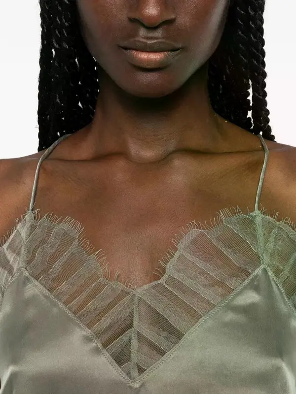IRO PARIS Sage Satin Lace Trim V-neck Spaghetti Strap Sleeveless Top
