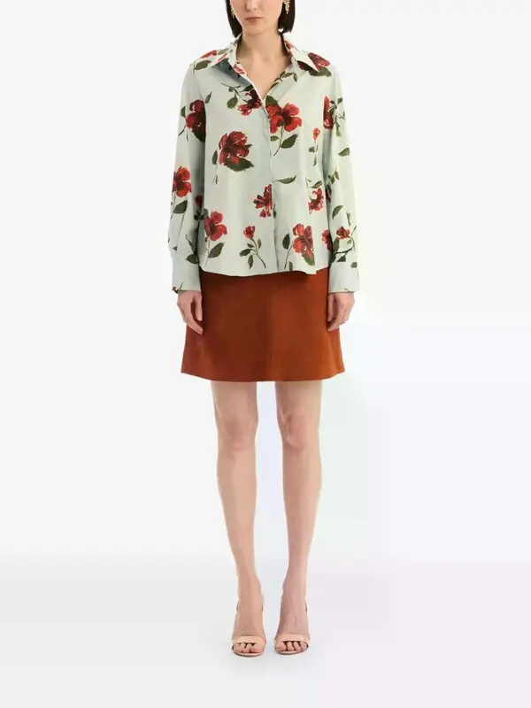 Oscar De La Renta Hibiscus Cotton Poplin Blouse - Blue