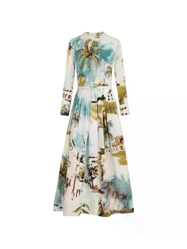 Oscar De La Renta Dominican Landscape Cotton Poplin Short-sleeve Dress - Neutrals