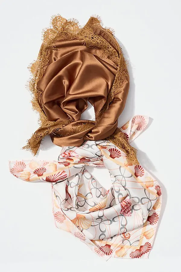 Anthropologie Set Of Two Satin Headscarves - Maeve Seashells
