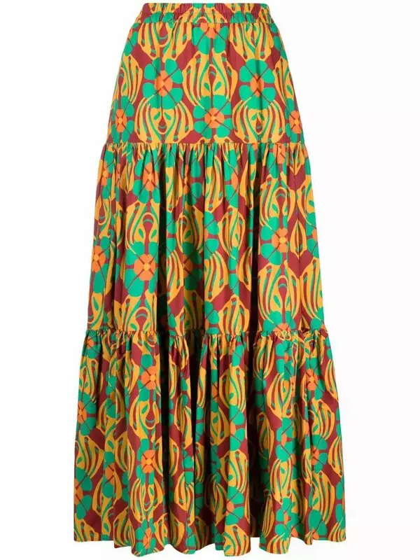 La DoubleJ Big Graphic-print Tiered Skirt - Green