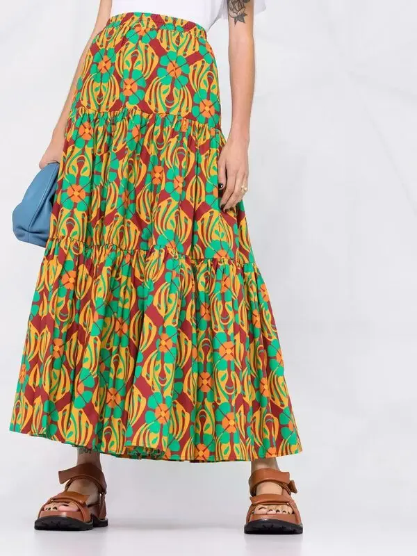 La DoubleJ Big Graphic-print Tiered Skirt - Green