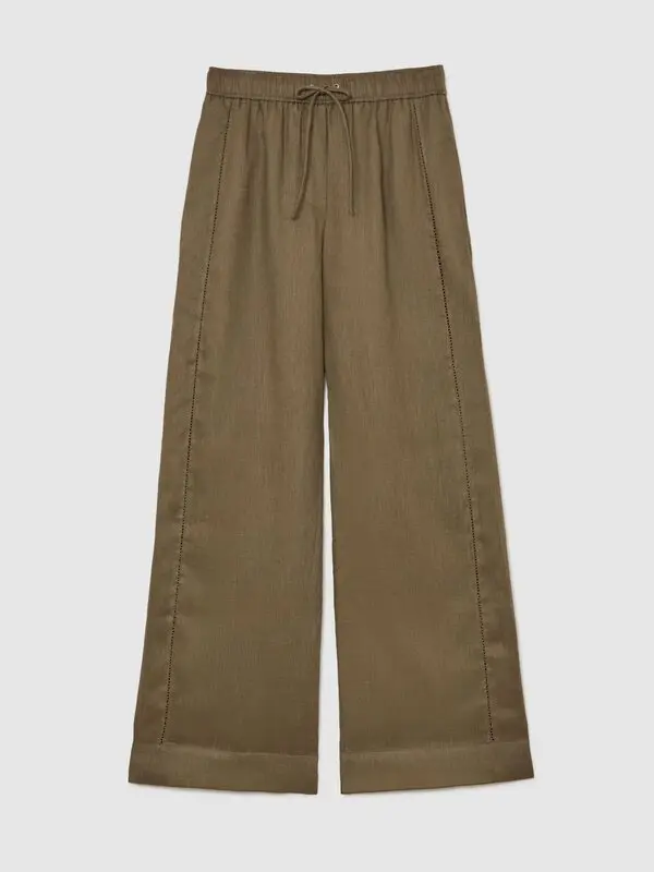 REISS Riley Linen Wide Leg Trousers - Khaki Green