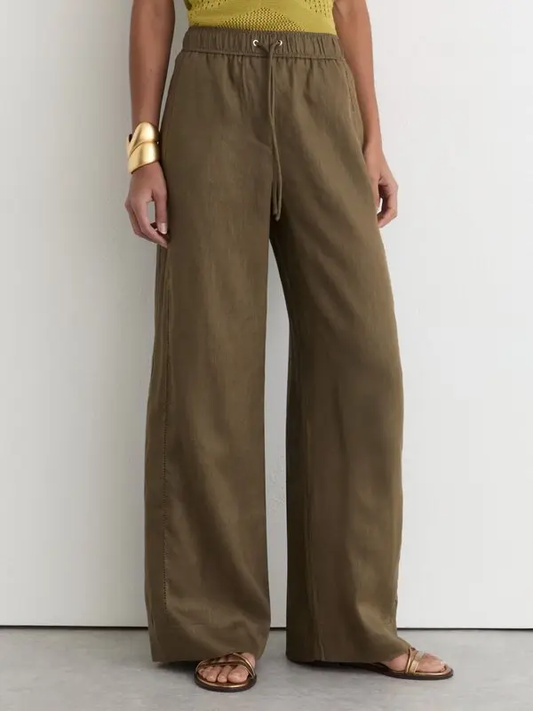 REISS Riley Linen Wide Leg Trousers - Khaki Green