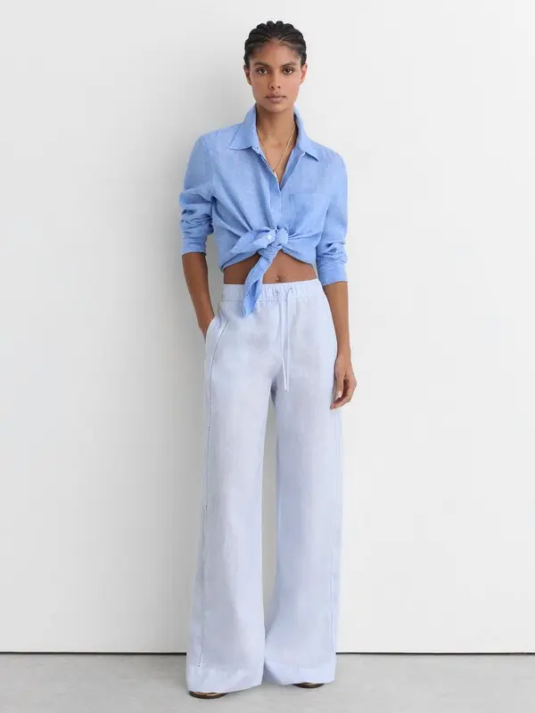 REISS Riley Linen Wide Leg Trousers - Silver Blue