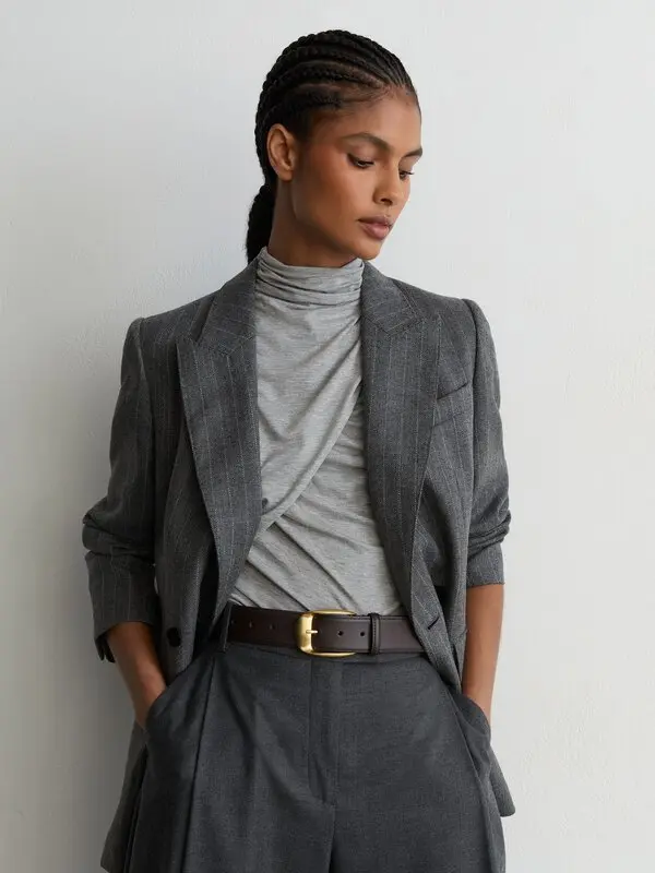 REISS Sammy Leather Rounded-buckle Belt - Chocolate