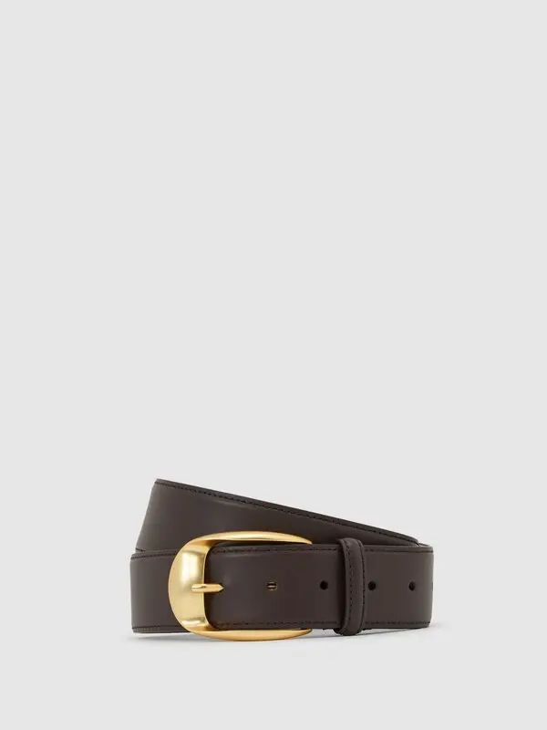 REISS Sammy Leather Rounded-buckle Belt - Chocolate