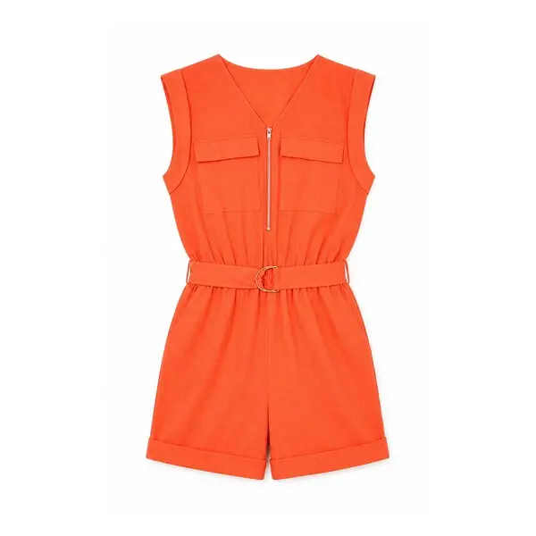 YUMI Utility Style Playsuit With V-neck And Belted Waist - Orange