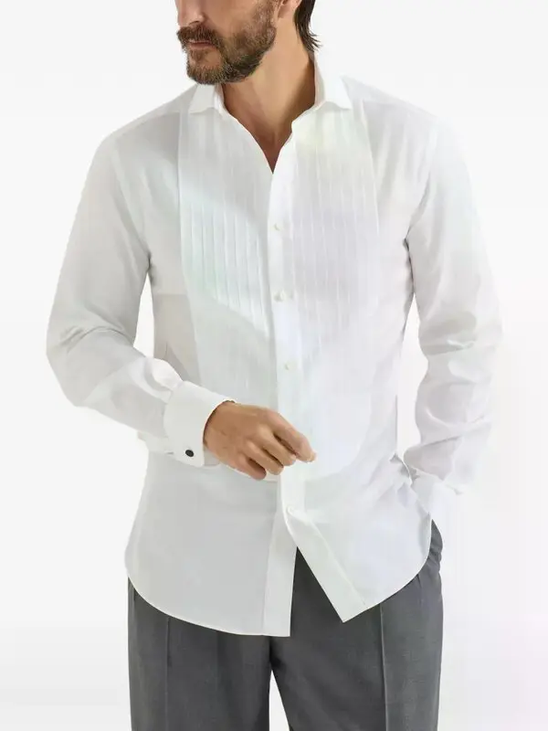 Brunello Cucinelli Sea Island Cotton Twill Slim Fit Shirt With Point Collar And Pleated Bib