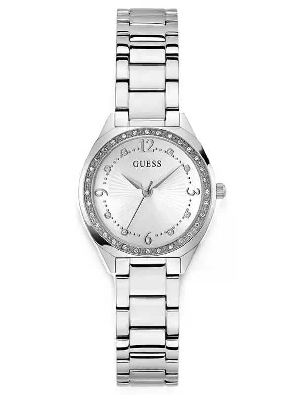 Guess Tone Analog Watch With Crystal Embellished Bezel - White