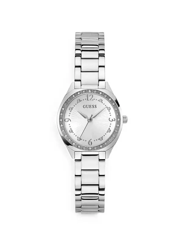 Guess Tone Analog Watch With Crystal Embellished Bezel - White