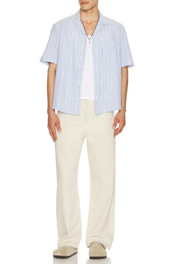 CORRIDOR Linen Broadstripe Short Sleeve Shirt - Blue