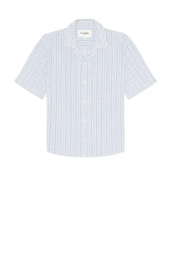 CORRIDOR Linen Broadstripe Short Sleeve Shirt - Blue