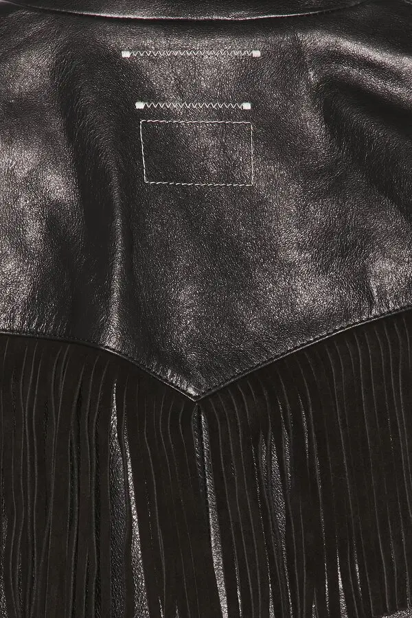 AUSTIN POST Leather Fringed Western Cafe Racer Jacket - Black