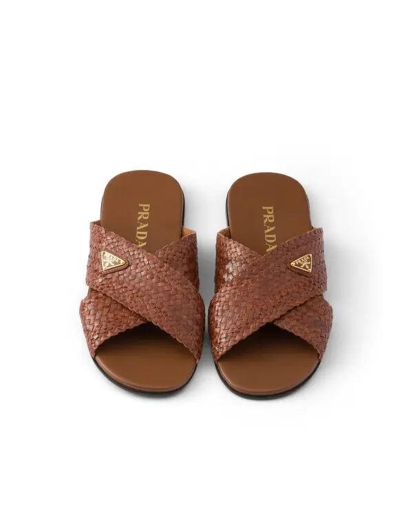 Prada Leather Crisscross Slides - Brown