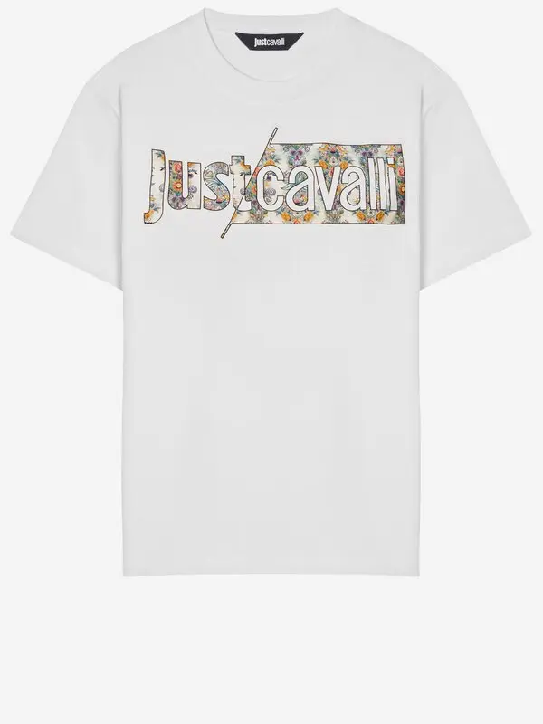 Just Cavalli Cotton T-shirt With Floral Logo - Bianco