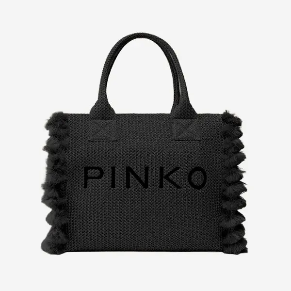 Pinko Raffia Shopping Bag With Logo And Tassels - Black