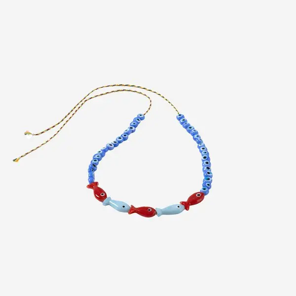 SORBET ISLAND Fabric And Glass Bead Necklace With Fish Embellishments - Red