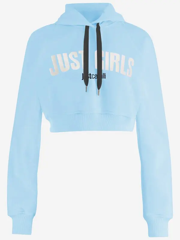 Just Cavalli Cropped Cotton Sweatshirt With Drawstring Hood - Blue