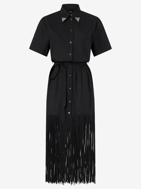 Pinko Cotton Shirt Dress With Fringe And Metallic Details - Black
