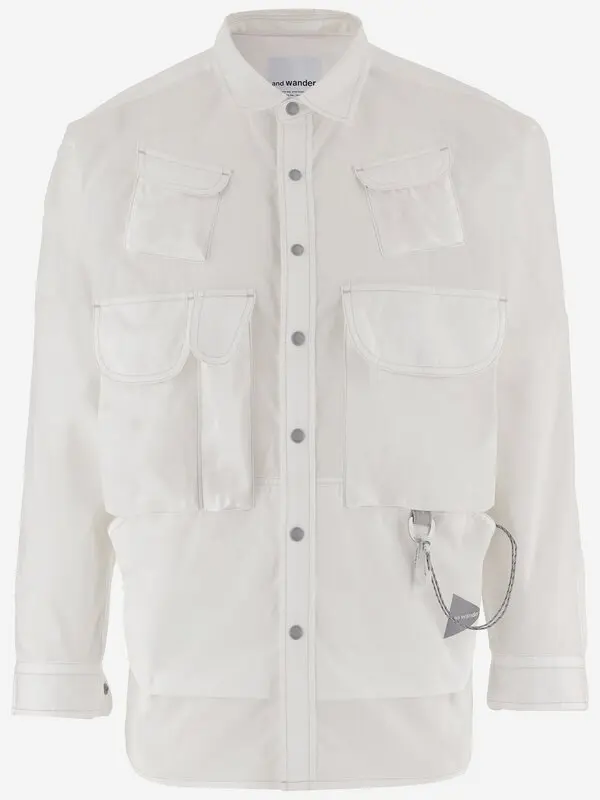 AND WANDER Mixed Cotton Shirt With Multiple Pockets - White