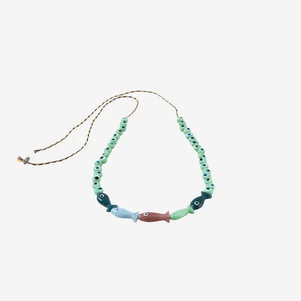 SORBET ISLAND Fabric And Glass Bead Necklace With Fish Embellishments - Red