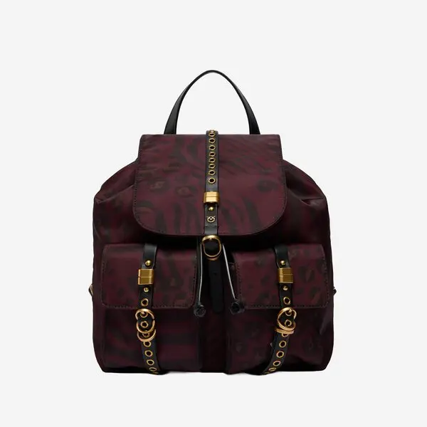 Pinko Nylon Printed Backpack With Gold Tone Hardware - Red