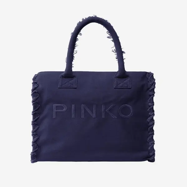 Pinko Cotton Shopper Bag With Logo And Fringe Details - Viola Scuro