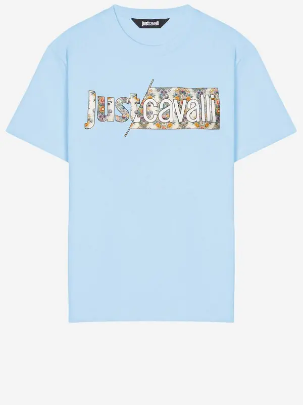 Just Cavalli Cotton T-shirt With Floral Logo - Azzurro
