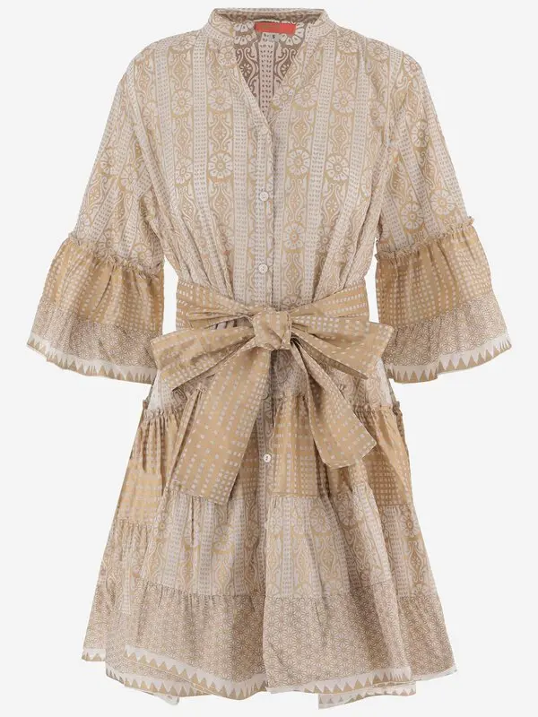 PEP'S CANNES Cotton Dress With Geometric Pattern And Puff Sleeves