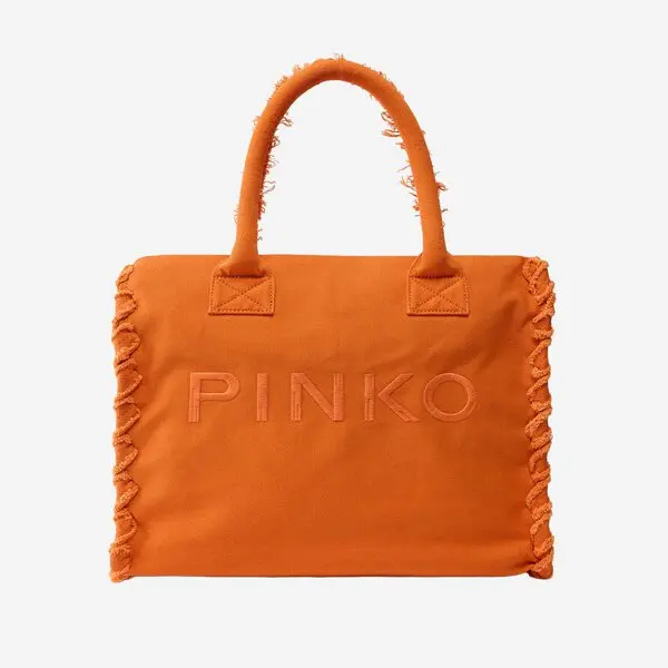 Pinko Cotton Shopper Bag With Logo And Fringe Details - Orange