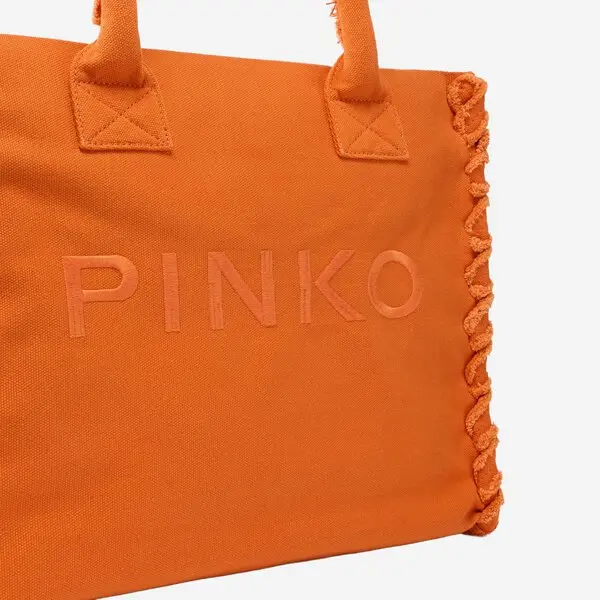 Pinko Cotton Shopper Bag With Logo And Fringe Details - Orange