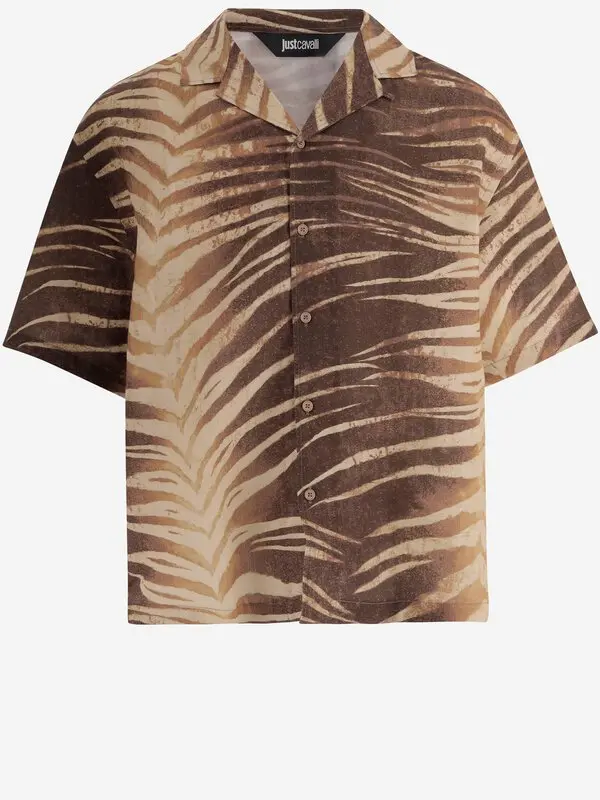 Just Cavalli Linen And Cotton Shirt With Tropical Print - Red