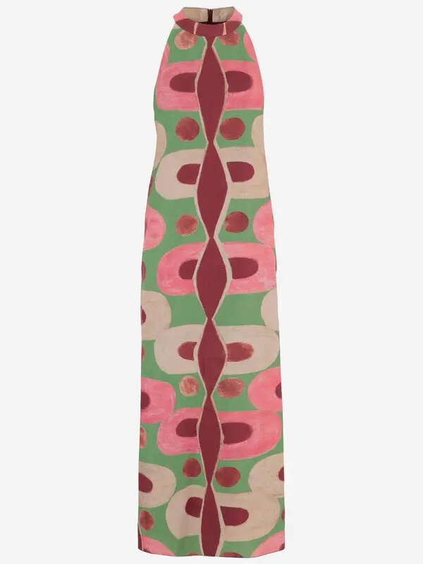 PHILIPPA 1970 Long Dress With Geometric Print In Linen