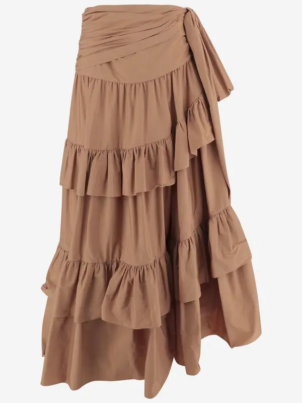 Chloé Cotton Poplin Ruffled Skirt With Bow Detail - Brown