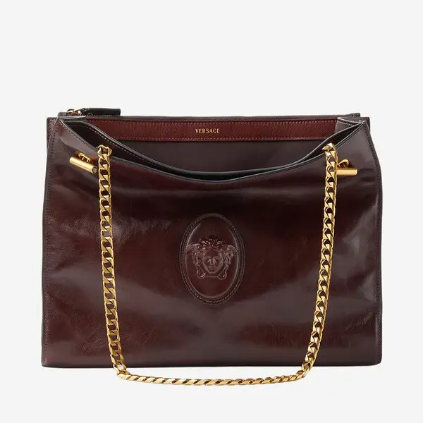 Versace Leather Shoulder Bag With Medusa Cameo Appliqu - Brown