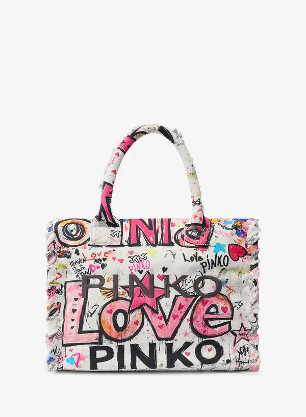 Pinko Cotton Shopper Bag With Fringe Detail And Graffiti Print