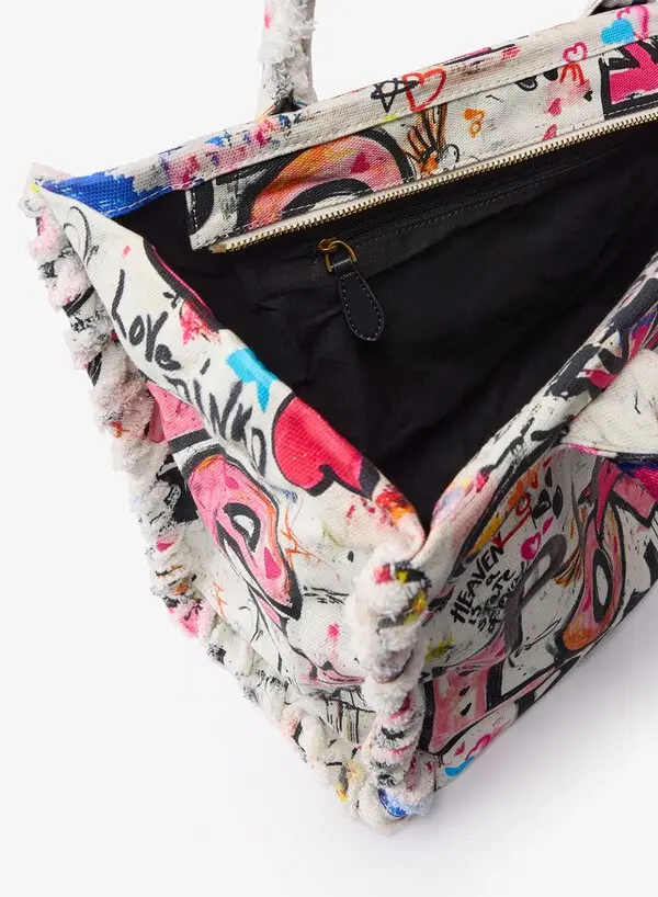 Pinko Cotton Shopper Bag With Fringe Detail And Graffiti Print